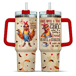 99OWL Crazy Chicken Lady Coffee Color, Tumbler 40 Oz With Handle Lid And Straw, Chicken Gifts, Lovers Handle Boss Red Swig For Modern Women Brown Tumblers Breed Spring Simple Funny
