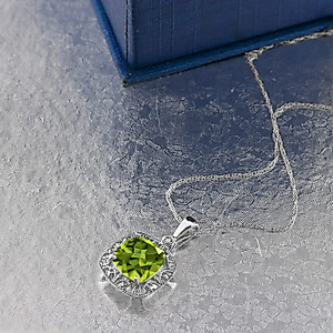 Gem Stone King 10K White Gold Cushion Green Peridot and Diamond Accent Pendant Necklace For Women (2.45 Cttw, Gemstone Birthstone, 8MM Center)