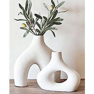 Carrot's Den Donut Vase, Set of 2 - Minimalist Nordic Style, White Ceramic Hollow Donut Vase Decor | Table Centerpiece, Boho, Wedding, Living Room, Bookshelf, Office, Modern Home Decor (Warm White)