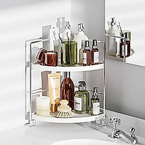 KINGBERWI 2-Tier Bathroom Corner Counter Organizer, Makeup Storage Shelf Vanity Tray, Bathroom Sink Countertop Organizer, Silver