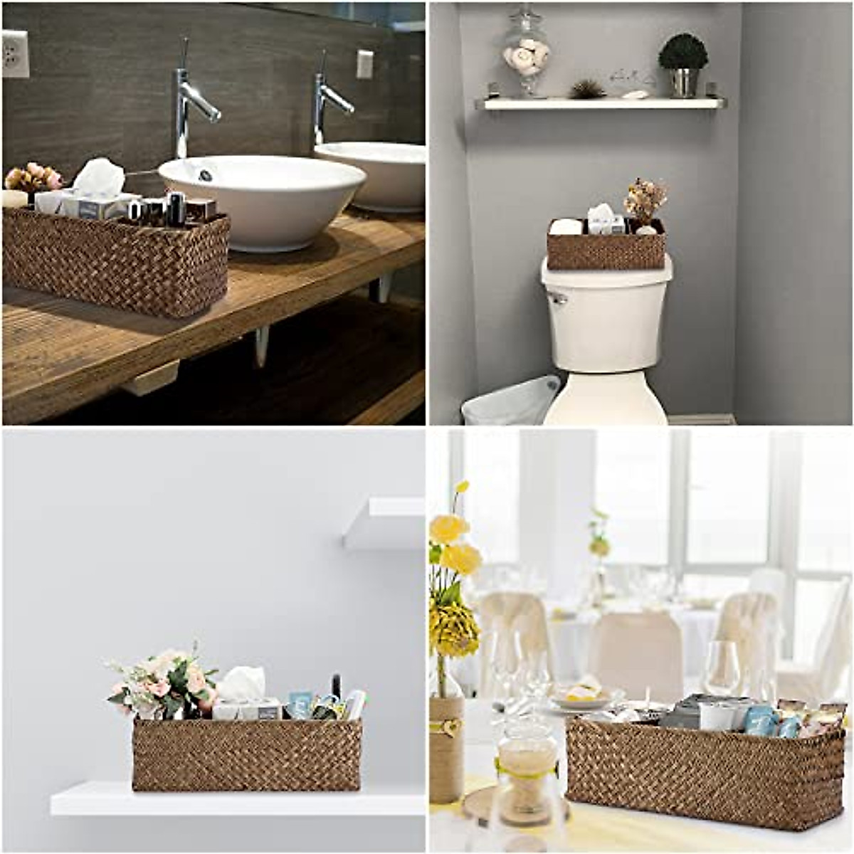 Sumnacon Bathroom Organize Basket, Seagrass Toilet Tank Basket with Section for Tissue Toilet Paper Towel Toiletries, Woven Storage Basket for Kitchen Toilet Tank Vanity Table Shelf Countertop, Coffee