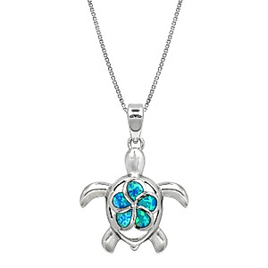 Honolulu Jewelry Company Sterling Silver Turtle Ocean Sea Life Necklace Pendant with Simulated Blue Opal Plumeria Flower Nature 18" Box Chain