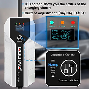 GODIAG Level 1+2 EV Charger - ETL Certified, 16Amp, 110V-240V, 20ft Cable, Portable Electric Car Charger for J1772 EVs with NEMA 6-20 & NEMA 5-15 Plug