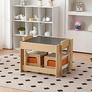Guangshuohui Wood Table & 2 Chairs Set, 3 in 1 Activity Table w/Storage, Removable Tabletop, Blackboard, 3-Piece Furniture Set for Art, Crafts, Drawing, Reading, Playroom (Wood Color)