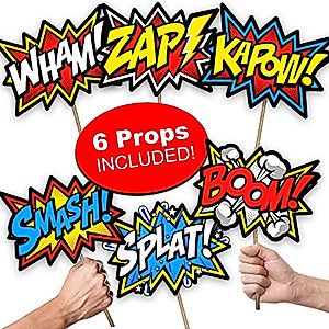 Bigtime Signs XL Superhero Backdrop with 6 Comic Action Word Photo Booth Props - Compliments Any Superhero Party Decorations - 4 x 6 ft - Cityscape Superhero Birthday Decorations Hangs on Wall Easily