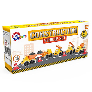 TECHNOK Assorted Construction Truck Toys - Kids Construction Toys Playset - Dump Truck, Tractor Toy, Crane Truck, Cement Truck - Car Toys for Boys - 5 Pack Toy Vehicles - Truck Toys for Kids Toddlers