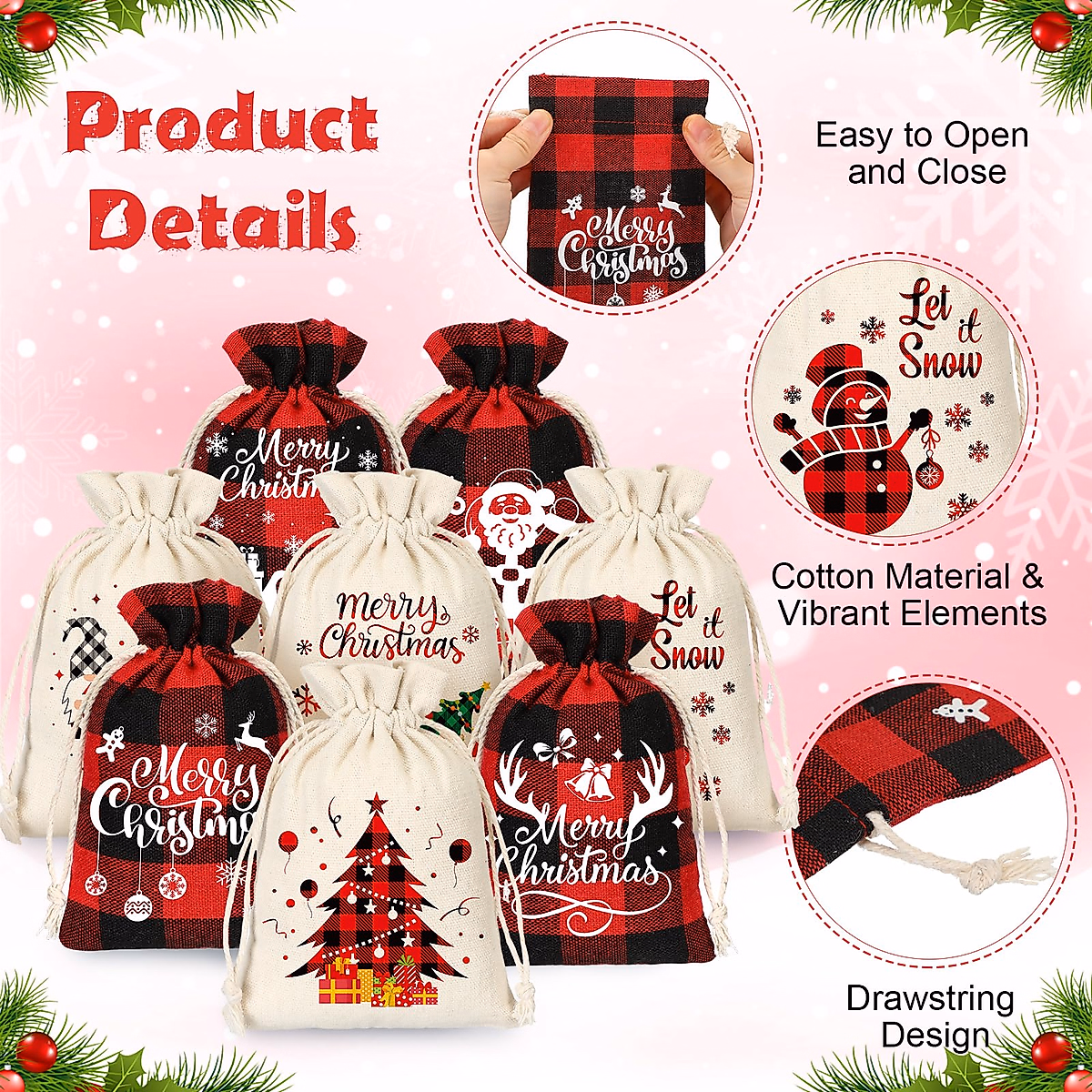 Huhumy 60 Pcs Christmas Burlap Bags with Drawstring Plaid Party Favor Gift Bags Mini Candy Goodies Bag Black and Red Plaid Treat Bags for Christmas Party Birthday Supplies (5 x 7 Inch)