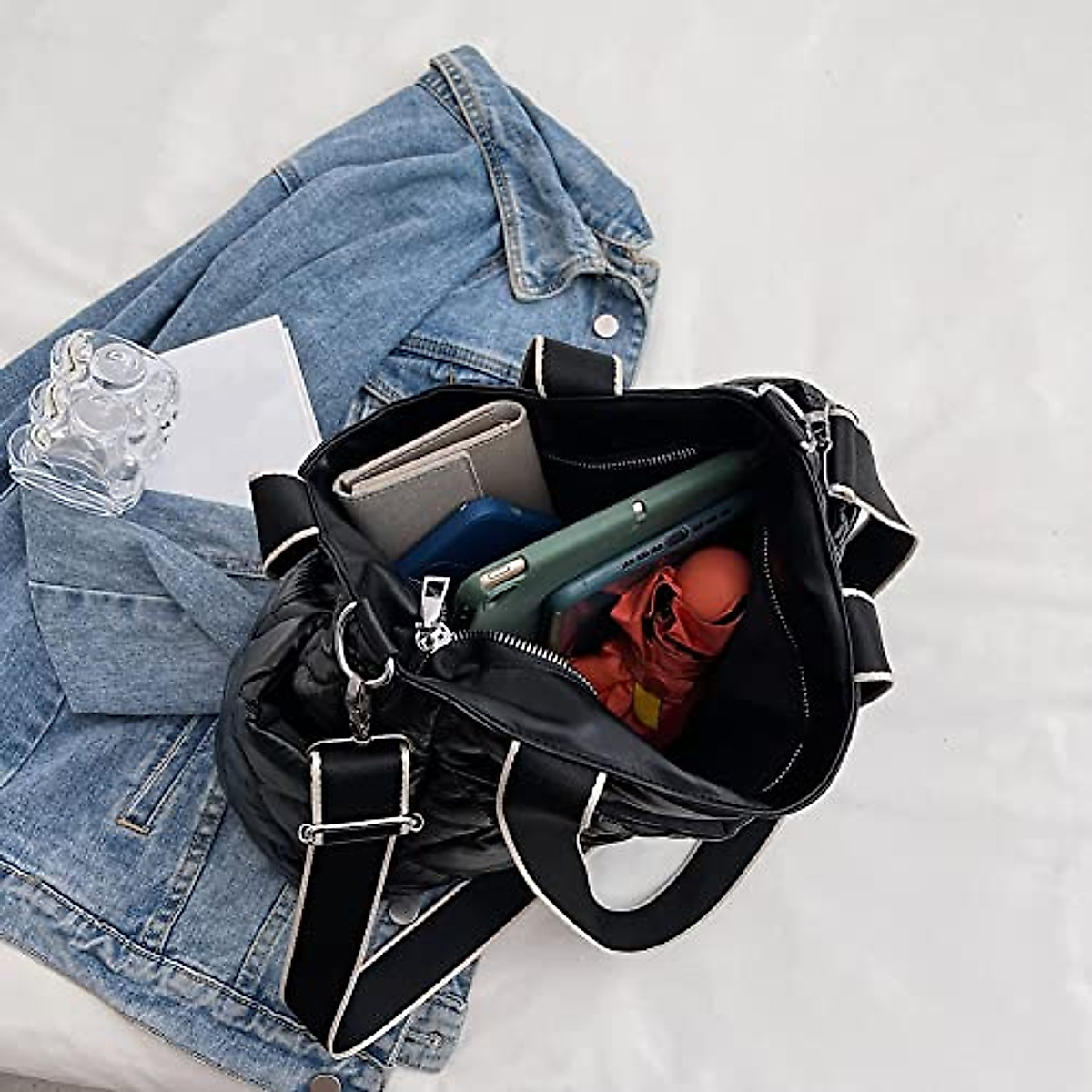 Fashion Casual Autumn Winter Cotton Clothes Quilted Ladies Large Capacity Shoulder Bag Tote Bag for Women Crossbody Satchels Portable Travel(01-Black)