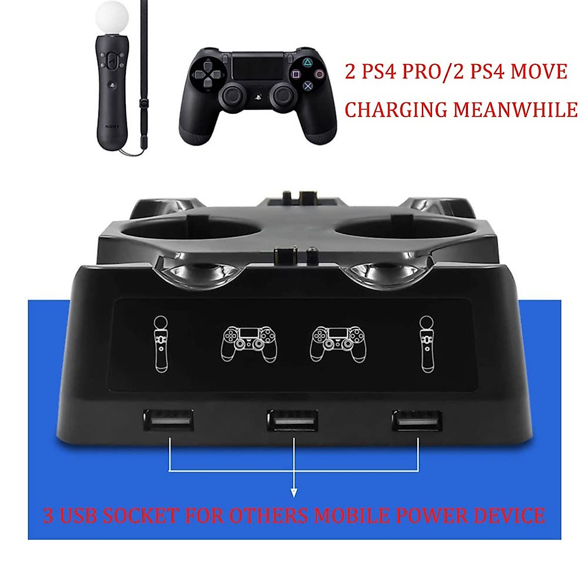 Controller Charger Charging Station Fast Charging Adapter, Multi Functional Charging Station for Sony / Move/ VR Controller with LED Indicator