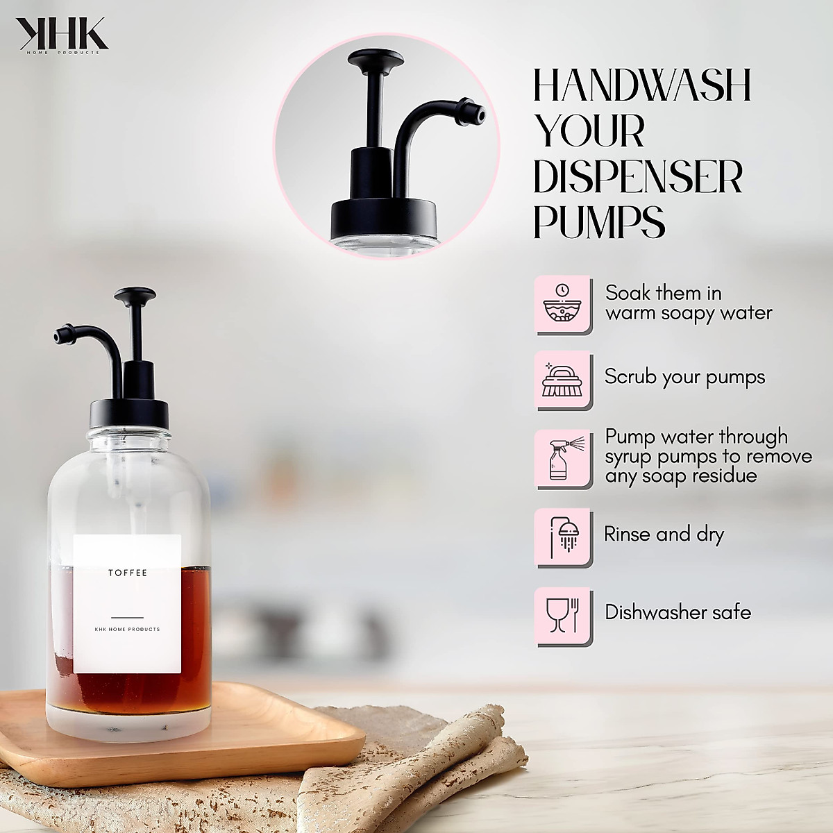 KHK Home Products | Coffee Syrup Dispensers for Coffee Bar | Waterproof Labels | Two Stainless Steel Coffee Spoons for Coffee Bar Accessories | Glass Syrup Bottle w/Pumps | Set of 2 | Black