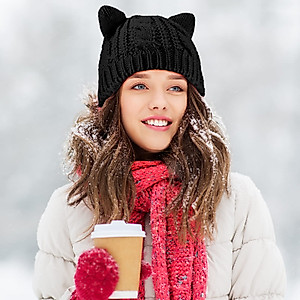 Cat Ear Beanie Hats Cute Cat Knitted Hat Winter Knit Cable Hat for Women Girls (Black, Light Gray,2 Pieces)