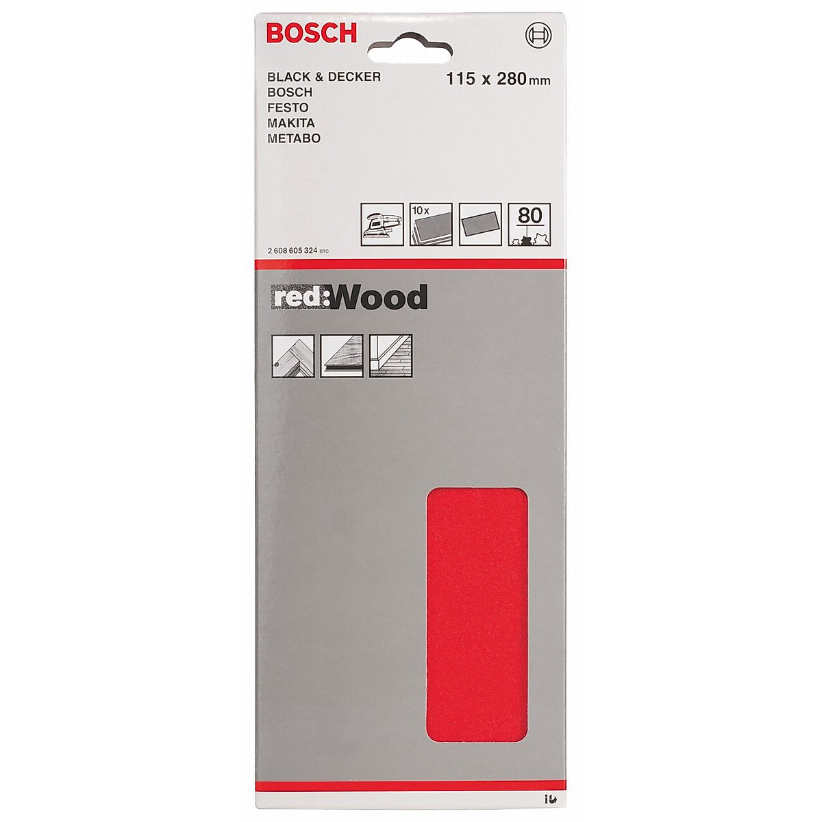 Bosch 2608605324 Sander Sheet for Wood, Unpunched Clamped, 115mm x 280mm, P80 Grit, Silver, Pack of 10