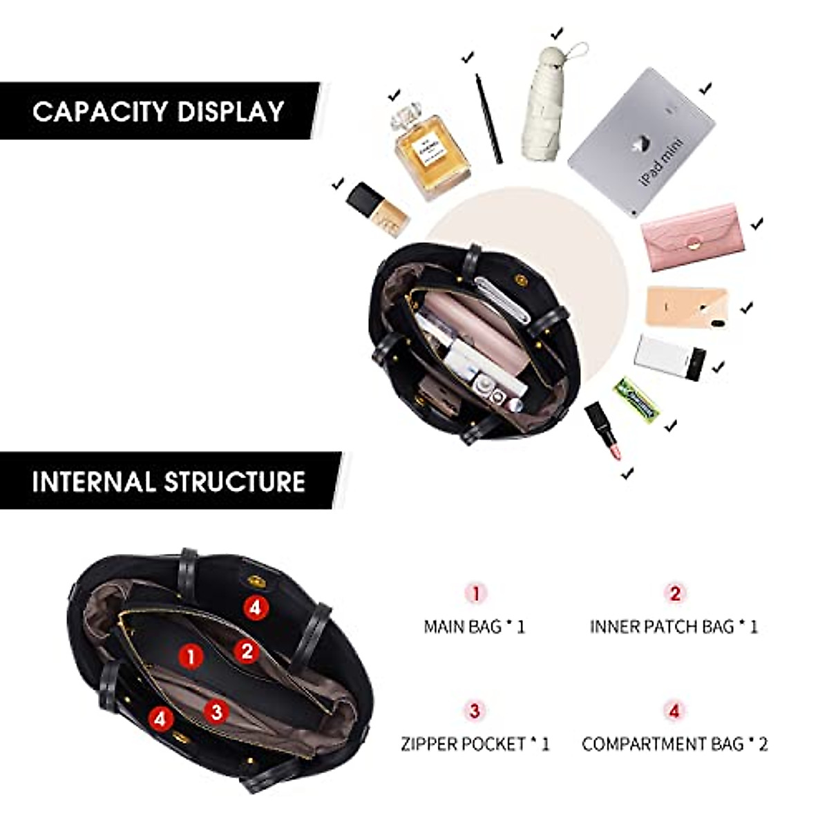 Cnoles Purses And Handbags for Women Tote Shoulder Satchel Crossbody Bags Leather Large Capacity Purse Designer Bucket Bag Black