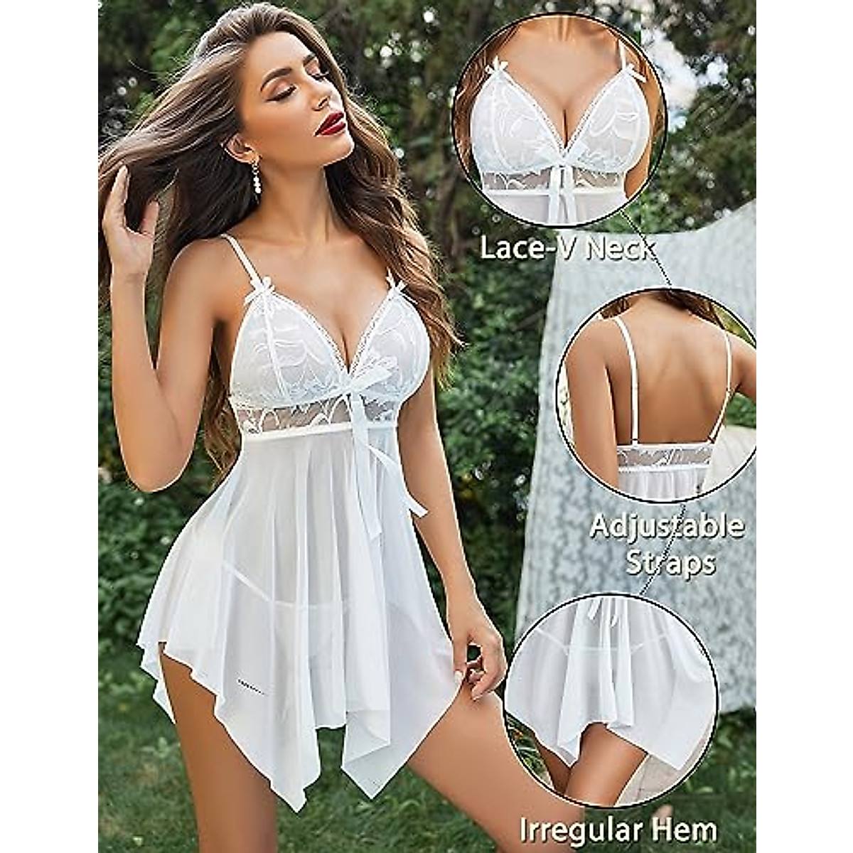 Avidlove Women Lingerie Lace Babydoll V Neck Sleepwear Strap Chemise (White,S)