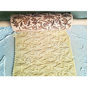 DRAGONFLY EMBOSSING ROLLING PIN WOODEN EMBOSSING ROLLING PIN with DRAGONFLY for EMBOSSED COOKIES GIFT for MOTHER FRIEND
