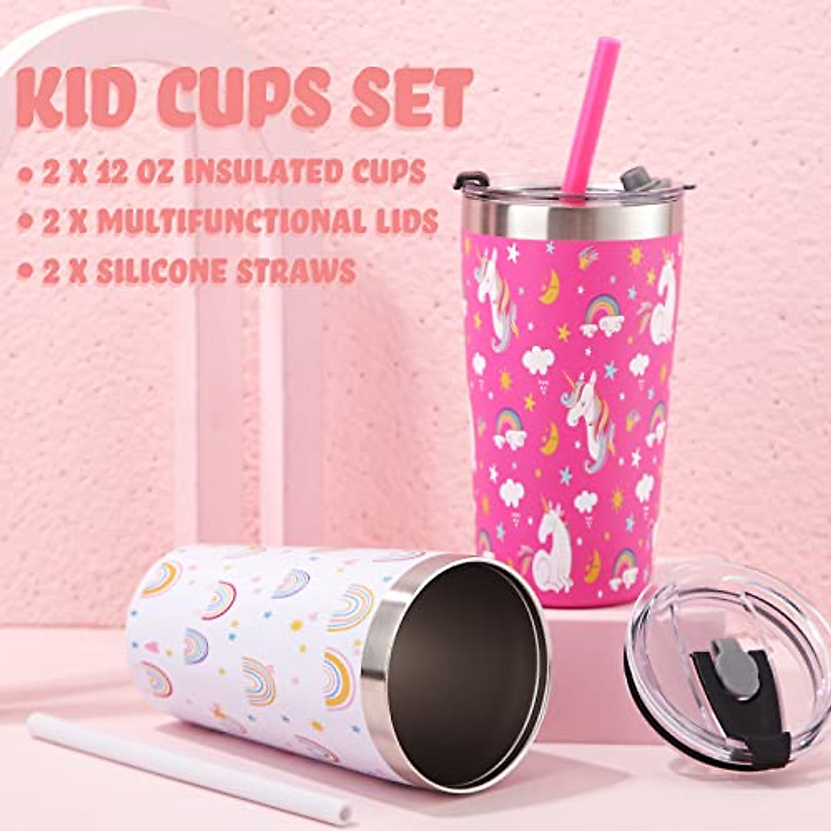 Shellwei 2 Pack Kids Cups with Lids and Straws Toddler Smoothie Cup with Rainbow Unicorn Pattern Leak Proof Spill Proof Straw Cups for Girls Stainless Steel Insulated Tumbler for Hot Drink (12 oz)
