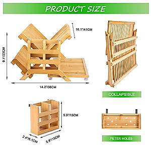 NOVAYEAH Bamboo Dish Drying Rack with Utensil Holder, Collapsible Wooden Dish Drainer Rack, 3-Tier Large Folding Drying Holder for Kitchen Counter