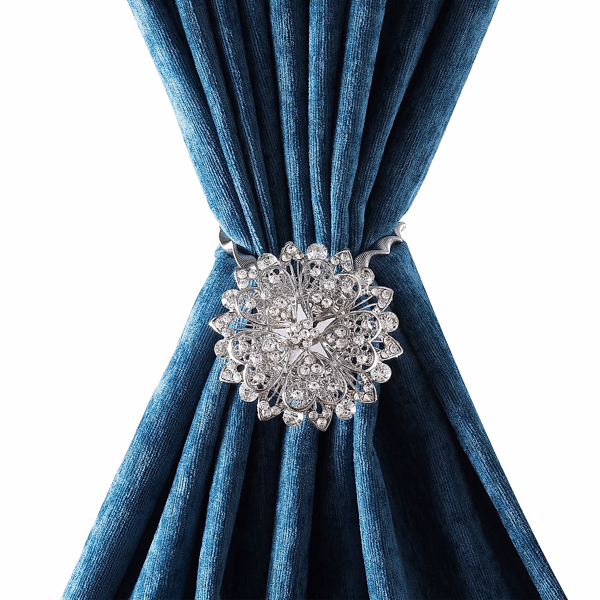 FURIJING Magnetic Crystal Curtain Tie Backs,Curtain Bling Tiebacks,Crystal Curtain Holdbacks,Tie Back Curtains Magnetic Drapery Tiebacks,Sparkling Flower Curtain Buckle Holder-FWF001Silver-2 Pack