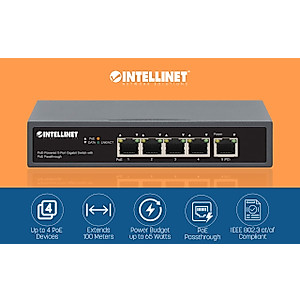 Intellinet PoE++ Powered 5 Port Gigabit Ethernet Switch with PoE Passthrough - 65W Power Budget via AC Power & 95W Power Budget via POE PD, 30W per Port, Fanless & Quiet–3 Yr Mfg Warranty-561808