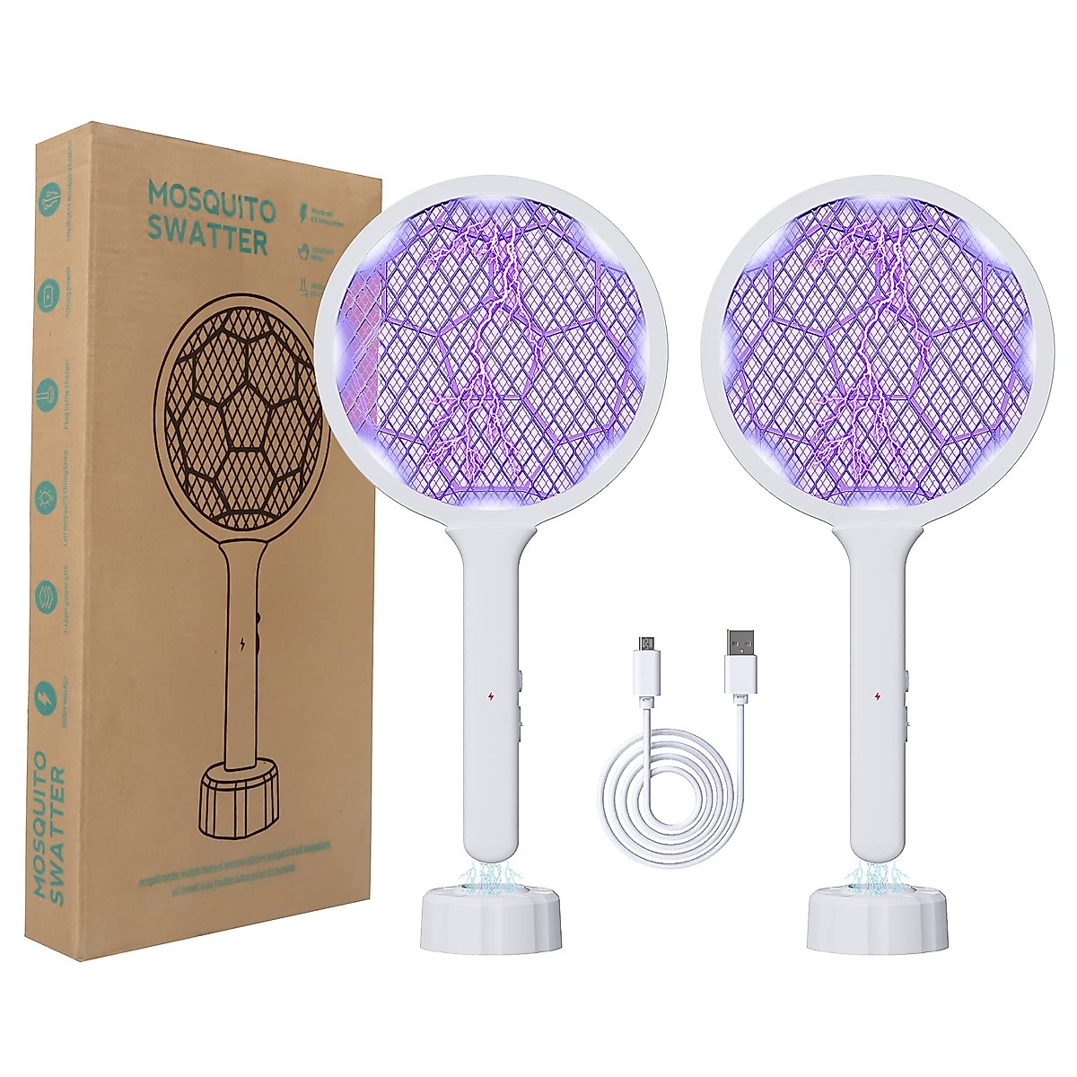 2 Pcs Electric Fly Swatter Racket, Bug Zapper Racket and Mosquito Zapper Racket 8 LED High Voltage Handheld