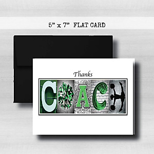 Personalized Cheerleading Green Coach Thank You Card, 5"x 7" FLAT CARD, Greeting Cards