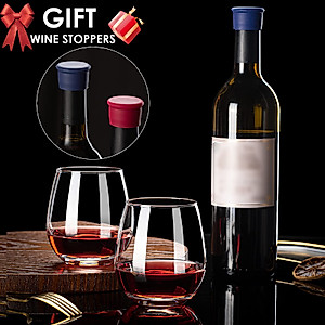 eventpartener Stemless Wine Glasses, 15 oz Crystal Wine Glasses Set of 6 wtih 2 Wine Bottle Stoppers, Drinking Glasses, Smooth Rim Wine Elegant Glass Tumbler for Red and White Wine, Cocktail, Juice