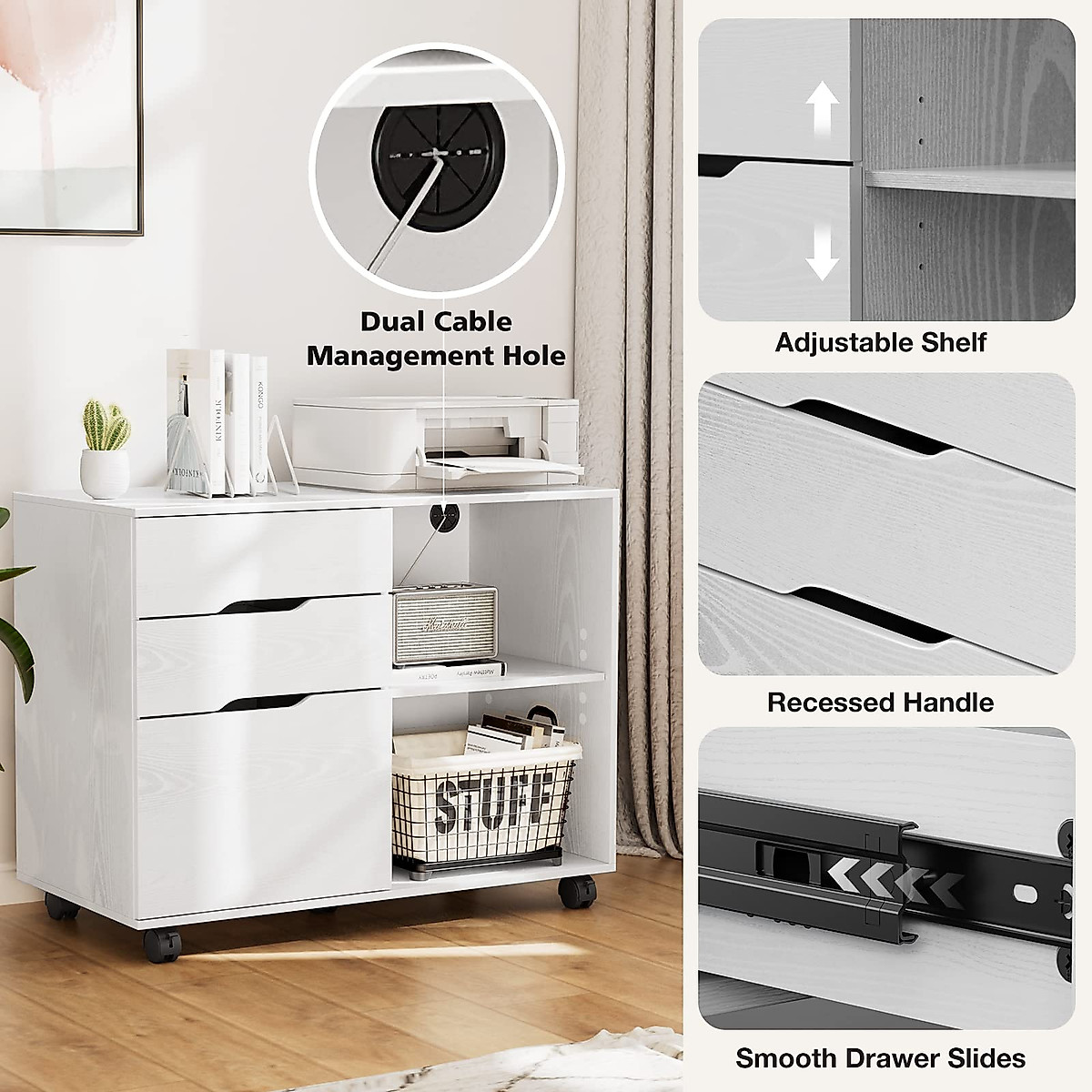 NEWBULIG 3-Drawer Mobile Cabinet,Wood Lateral Filing, Printer Stand with Open Adjustable Storage Shelves and Wheels for Home Office,White