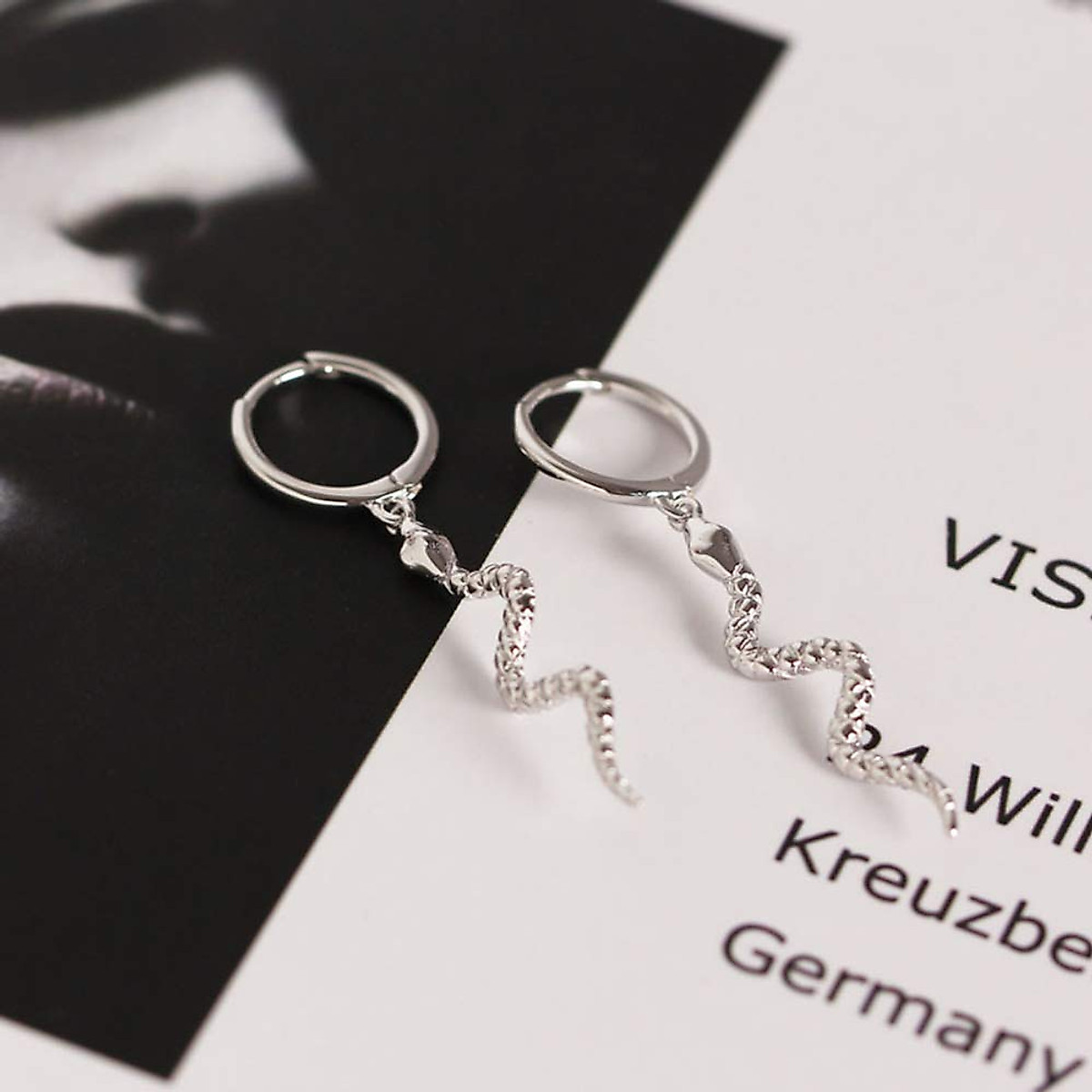 Snake Dangle Small Hoop Earrings 925 Sterling Silver Personalized Punk Drop Animal Earring Huggie Hoops 10mm Hypoallergenic Fashion Ear Jewelry (Silver)