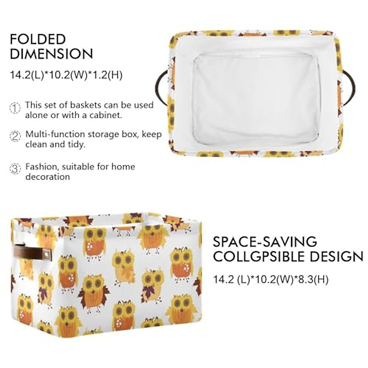Fall Owls Thanksgiving Storage Basket Bins Decorative Toy Laundry Basket Organization with Handles for Bedroom Office Clothes Pet Nursery Living Room,2 pcs