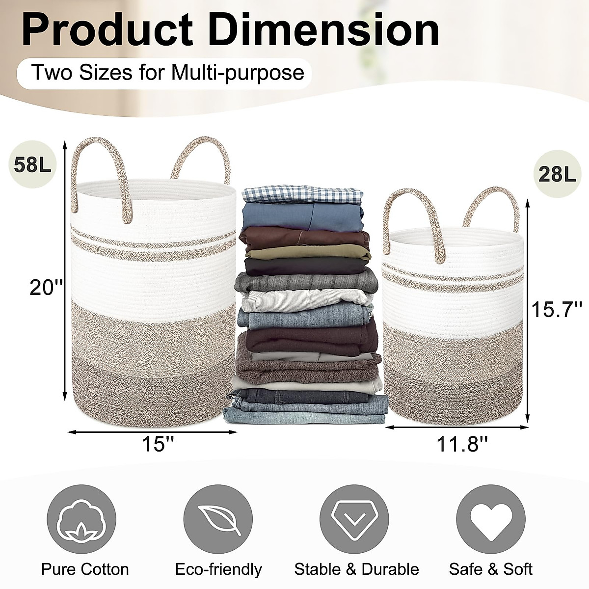 2 Pack Large Tall Rope Laundry Baskets, Cotton Laundry Hamper, Dirty Clothes Hampers Woven Basket, Blanket Basket Storage for Living Room, Dirty Clothes Baskets for Bedroom, Baby Room, 58L&28L Khaki
