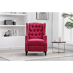 Arm Pushing Recliner Chair, Modern Button Tufted Wingback Manual Push Back Recliner Chair with Wood Leg & Side Pocket, Upholstered Living Room Chair Single Reclining Sofa Home Theater Seating Rose Red