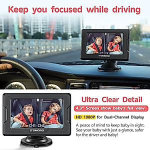 Itomoro Baby Car Camera HD 1080P Dual-Channel Display Car Baby Camera with 2 IR Night Vision Camera, Easily Install 4.3'' Car Camera for Baby with Crystal Clear Wide View for Rear Facing Seat