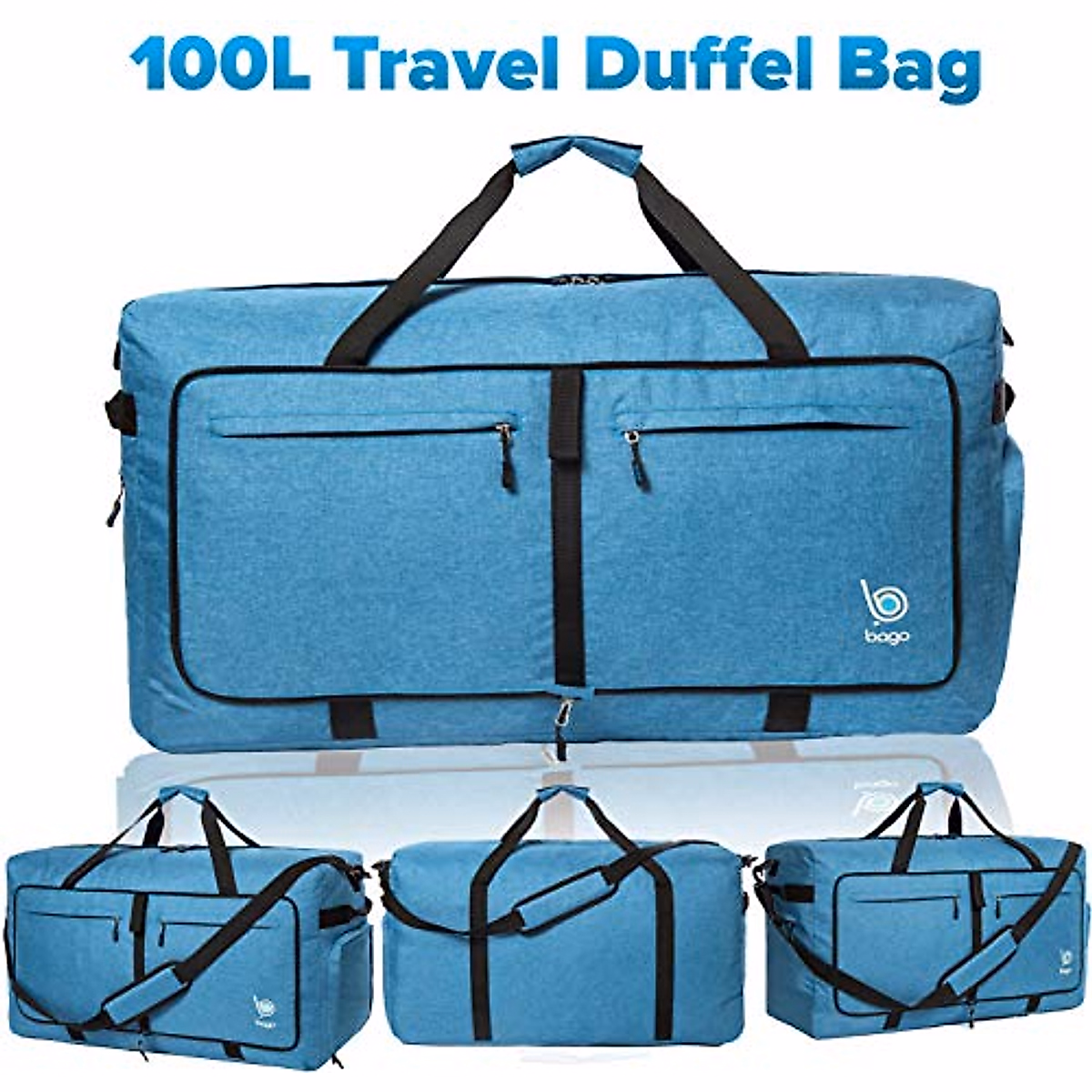 Bago Large Foldable Duffel Bags for Traveling Women & Men - 100L Packable Duffle Bag for Travel with Shoe Compartment - Water Repellant, Heavy Duty, Lightweight Folding & Collapsible (SnowBlue)