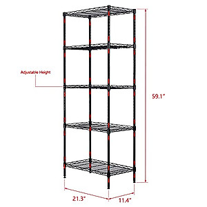 Karl home 5-Tier Wire Unit Shelves, Adjustable Height Metal Storage Shelves for Kitchen/Bathroom/Garage Closet Organization, Stainless & Sturdy Frame,440lbs Capacity, 21”L x 11”W x 59”H.