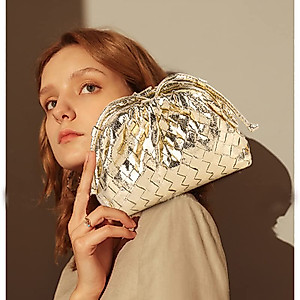 Autumnwell Women Dumpling Crossbody Bag Cloud Evening Bag Sparkly Clutch Purses Drawstring Strap Ruched Shoulder Bag-gold