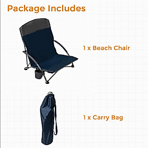 Pacific Pass Lightweight Camp and Beach Chair w/ Built-In Cup Holder, Includes Carry Bag - Navy/Gray
