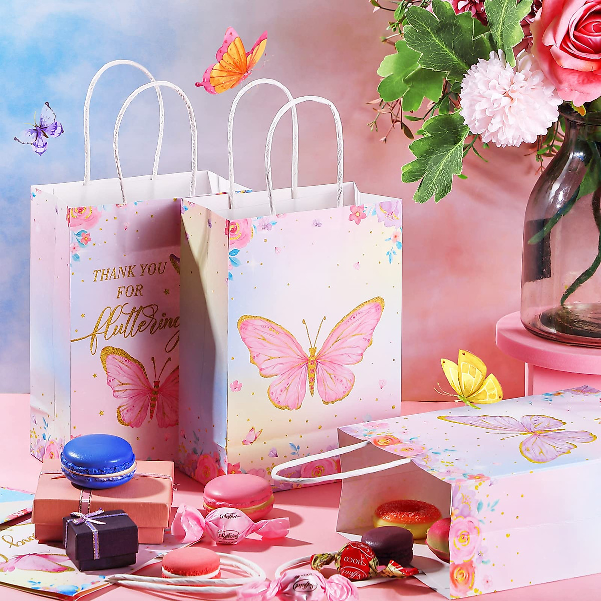 24 Pcs Butterfly Party Favors Gift Bags Goodie Treat Candy Bags Thank You for Fluttering by Paper Bags with Handles for Girls Butterfly Birthday Party Supplies Baby Shower (Watercolor Style)