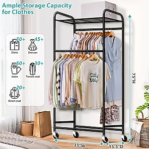 AOODA Double Rod Long Clothing Racks for Hanging Clothes, Heavy Duty Rolling Garment Rack with Top Shelves, Portable Closet Wardrobe Clothes Rack with Wheels for Dresses, Coats, Shirts (Black)
