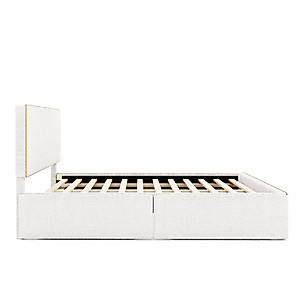 Queen Size Bed Frame with 4 Storage Drawers, Modern Upholstered Platform Bed with White Edge On The Headboard & Footboard, Wood Slat Support, No Box Spring Needed (White-Queen)