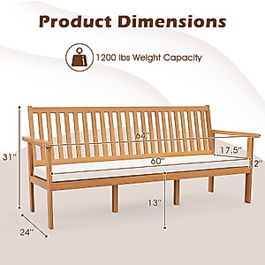 Tangkula Outdoor 3-Seat Wood Bench, 64 Inches Extra Long Acacia Chair w/Seat Cushion, Slatted Seat & Backrest, Patio 3-Person Bench Seat for Backyard, Porch, Balcony