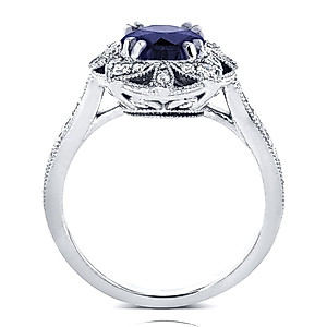 Kobelli Antique Style Floral Sapphire and Diamond Engagement Ring 1 1/2 Carat (ctw) in 14k White Gold, Size 9