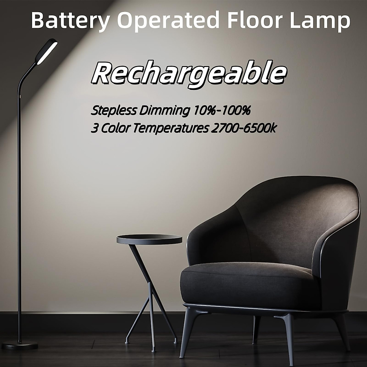 YUWLDD Battery Floor Lamp,Rechargeable Portable Reading Floor Lamp for Living Room,Battery Powered Cordless Lamp,Touch Control for Camping,Emergency Lighting(Black)