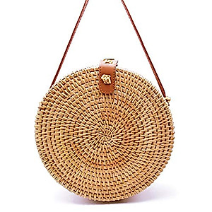 Yunno Handwoven Round Rattan Bag Tropical Beach Style Woven Shoulder Rattan Bag with Leather Strap