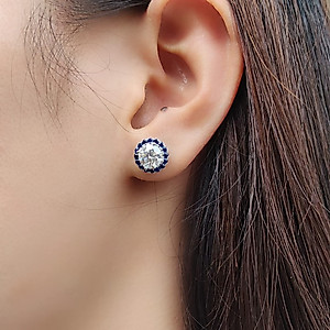 DovEggs Moissanite Stud Earrings for Women 10K White Gold Post 2ct GHI Cushion Cut Halo Created Moissanite with Blue Sapphire Push Back Earrings Sterling Silver (6.5mm Round -Cut)