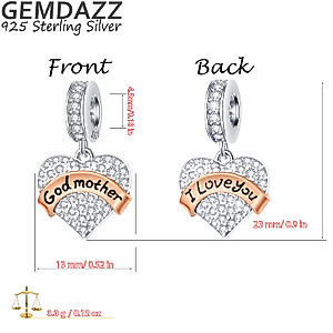 I Love You Godmother Heart Charms in 925 Sterling Silver, fits Pandora Mothers Day Bracelet, Sparkle CZ God Mom Pendant Beads with Rose Gold Ribbon, Gift for Christmas/Godmom