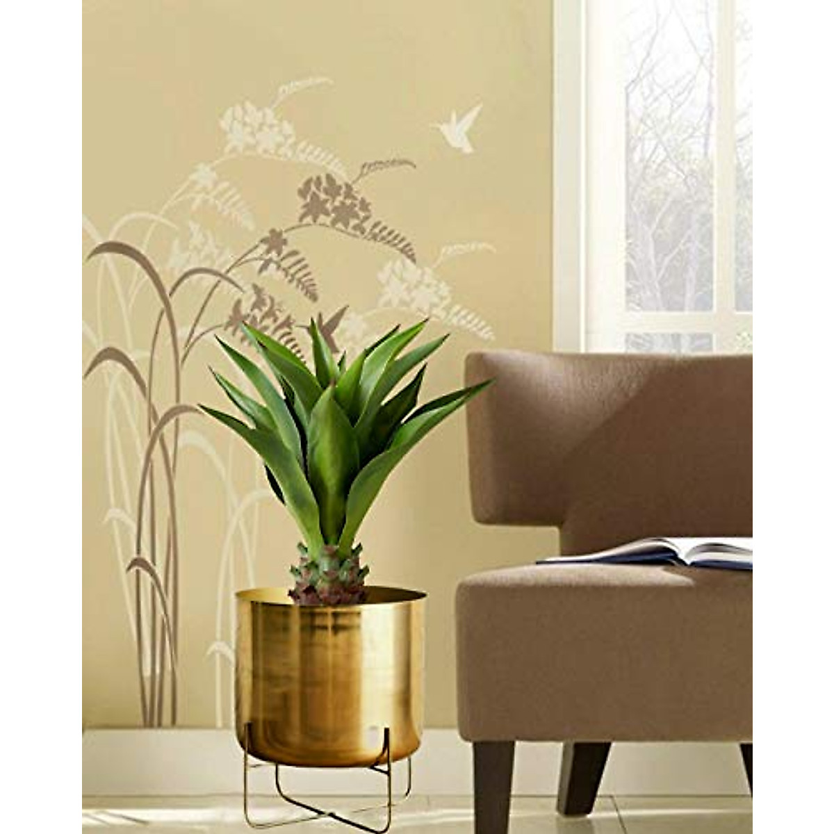 Serene Spaces Living Wide Gold Planter with Detachable Metal Stand, Decorative Indoor Planter Pot, Flower Pots Stand for Living Room, Kitchen, Office, Measures 26" Tall and 14" Diameter