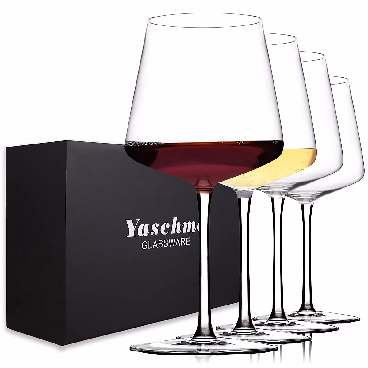 Yaschmo Wine Glasses Set of 4- Hand Blown Crystal, 18 oz Modern Glasses with Tall Stem for Red White Wine, Great Gift Packaging for Daily Use,Unique Wedding Anniversary or Birthday Gift