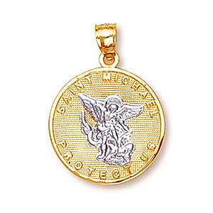 10k Gold Saint Michael Medal Protection Charm Pendant (White-and-yellow-gold)