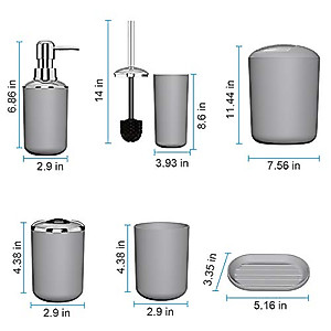 Yasolote 6 Pcs Plastic Bathroom Accessory Set,Bath Toilet Brush Accessories Set with Toothbrush Holder,Toothbrush Cup,Soap Dispenser,Soap Dish,Toilet Brush Holder,Trash Can,Tumbler Straw Gift (Grey)