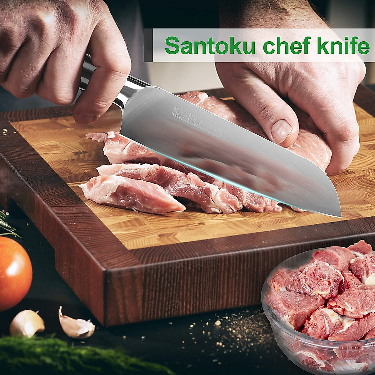 BAERFO Kitchen Knife Block Sets for Stainless Steel (6pcs Kitchen Knife Set with Stand) with Sturdy Knife,Santoku Chef Knife,Utility Knife and Knife Sharpener,Kitchen Scissor that Chef Knives Set